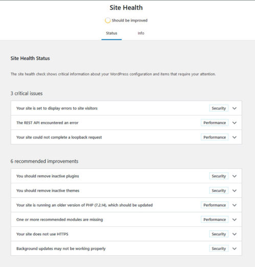 Wordpress site health guide: How to get 100% check score?